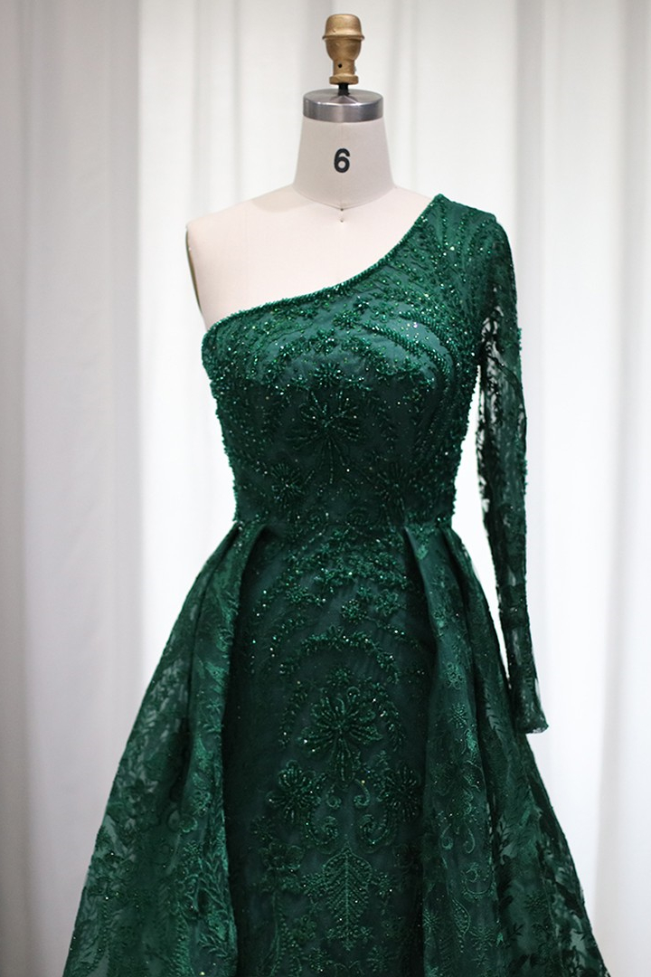 Daisda Emerald One Shoulder Long Sleeves Prom Dress Tulle With Diamond Appliques