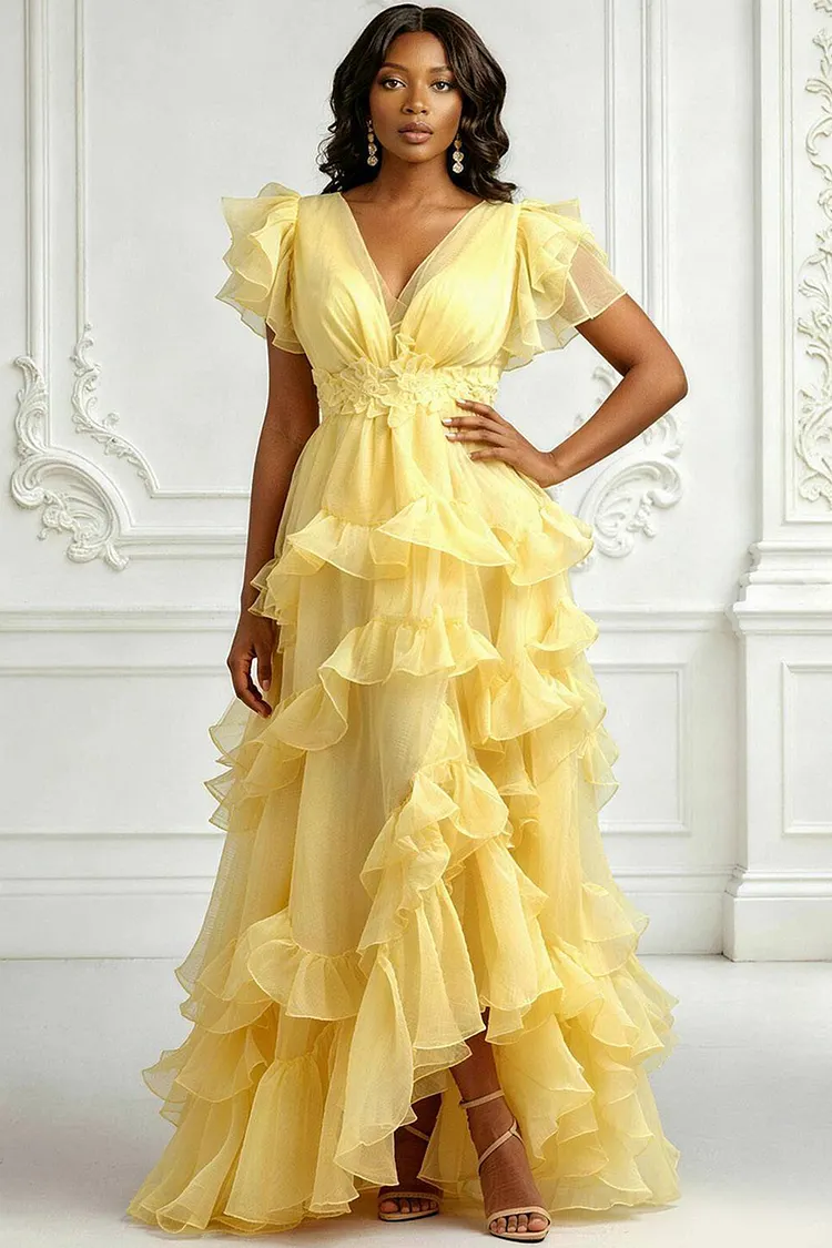 Xpluswear Design Plus Size Formal Yellow V Neck Short Sleeve Ruffle ...