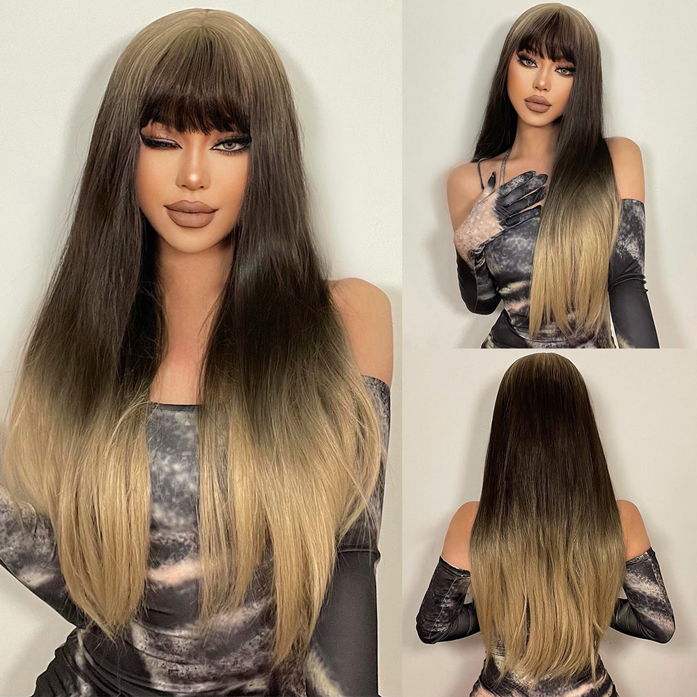 Blonde-Black Gradient Blonde Long Straight Wigs with Bang Natural Hair Wig