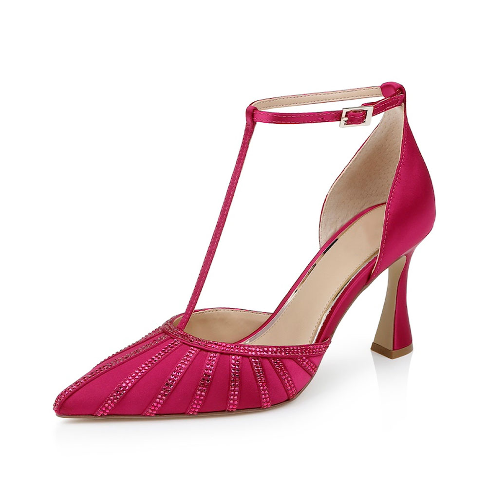 Hot Pink Pointed Toe T-Strap Rhinestone Flared Heel Pumps for Women