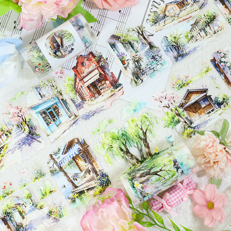 Ruban PET - 80 mm x 200 cm, motif paysage fleuri vintage