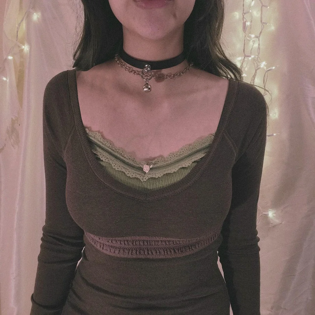 Wongn 2000s y2k Tops Women Lace Patchwork Long Sleeve T-Shirts Fall ...