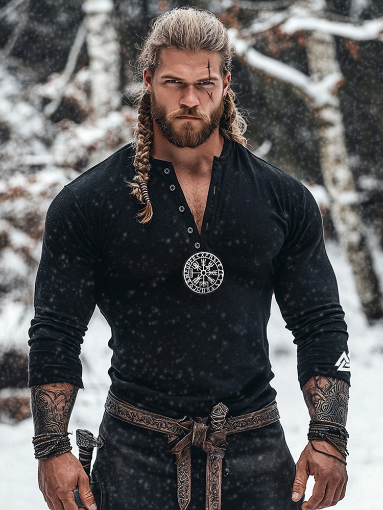 Men's Tribal Viking Runes Graphics Henley Collar Long Sleeves Basic T-shirt