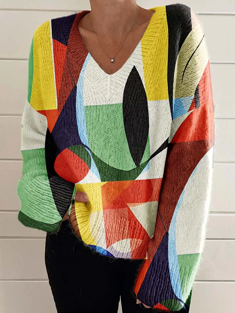 Women's Art Color Block Pattern V-Neck Sweater