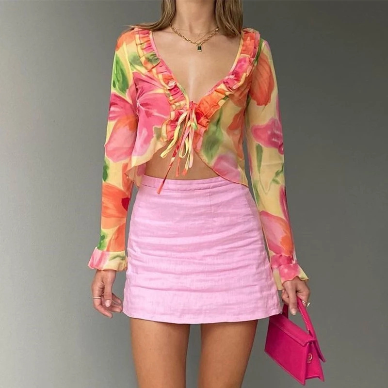 SUMMER FLOWER LACE UP OPEN TOP