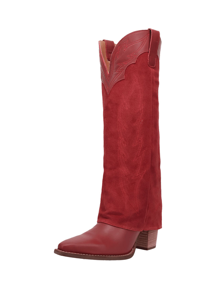 Red Vegan Suede Snip Toe Fold Over Western Knee High Boots for Women