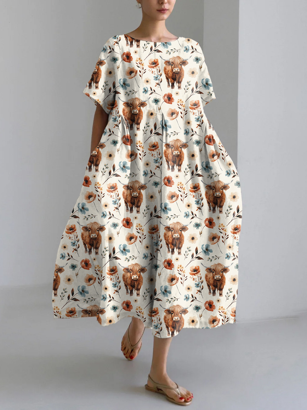 Vintage Highland Cow Print Linen Blend Maxi Dress