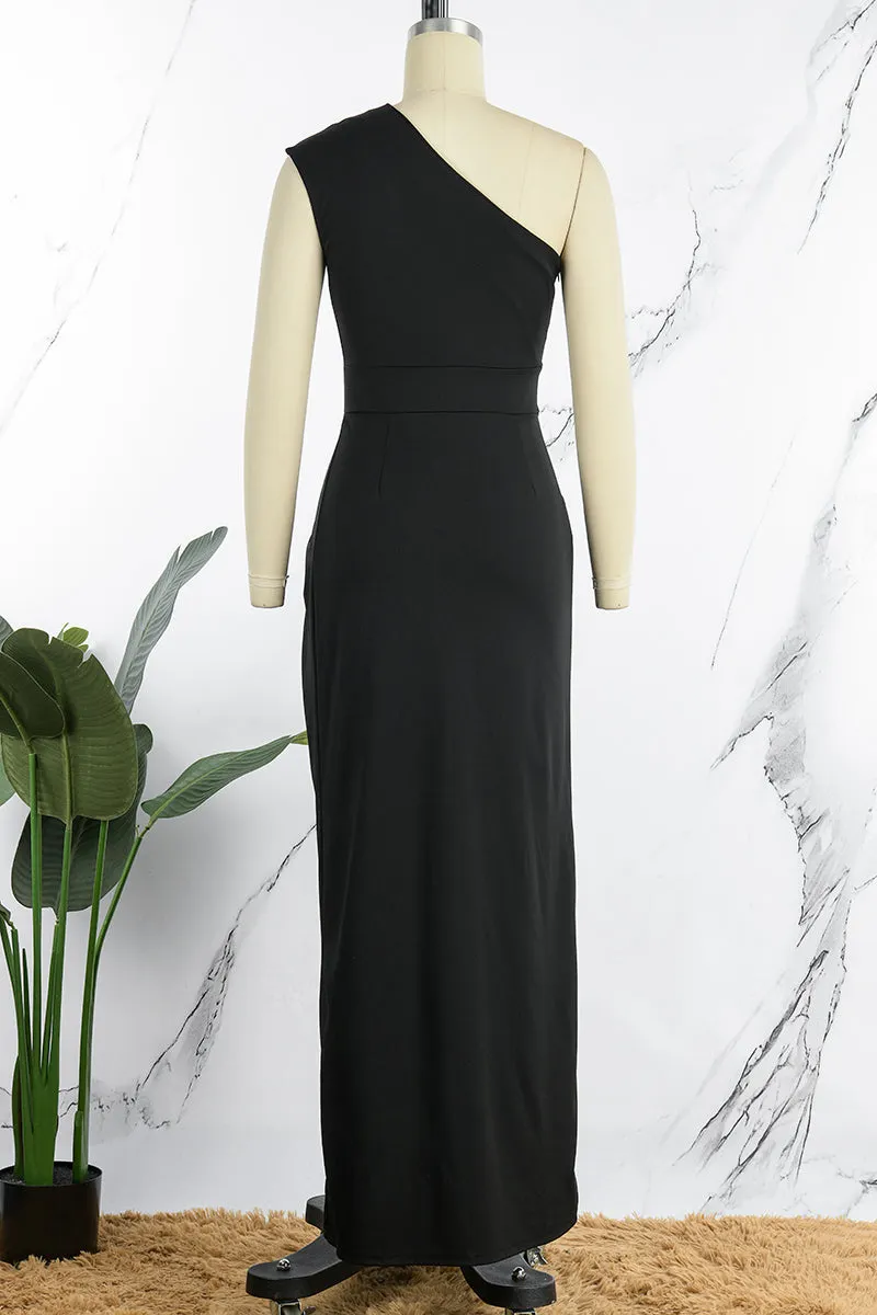Elegant Formal Solid Slit Asymmetrical Oblique Collar Evening Dress ...