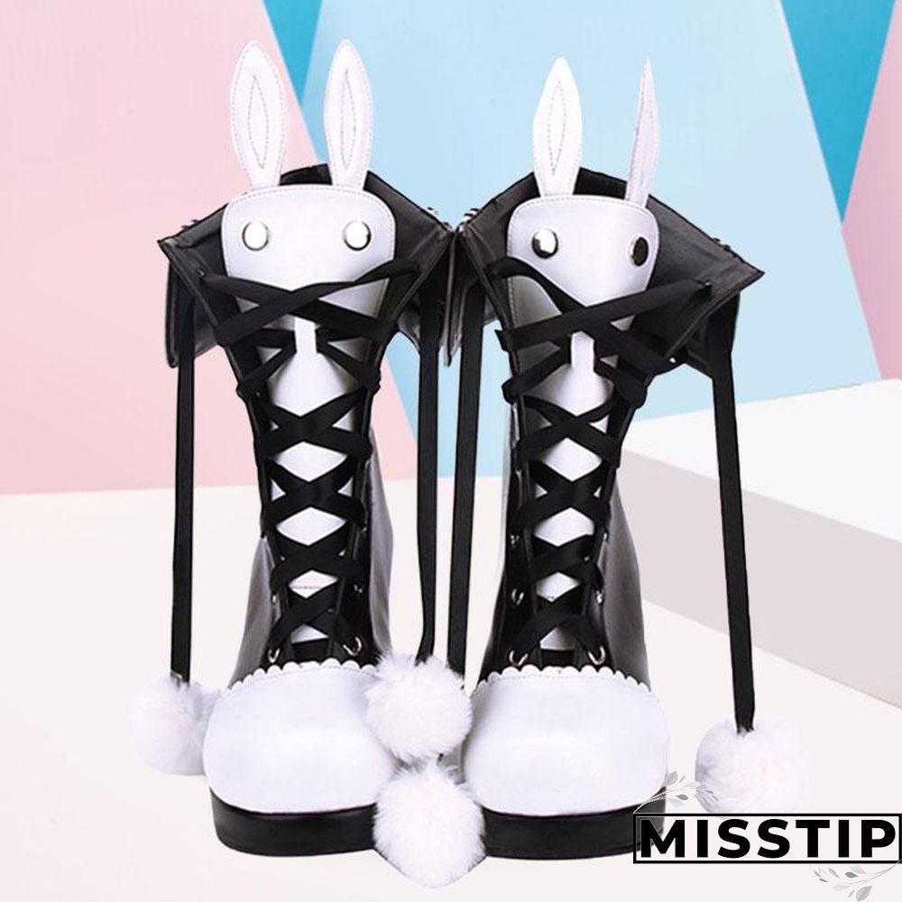 Bunny Ears Lace-up Fuzzy Ball Collar High Heel Lolita Boots - MissTip