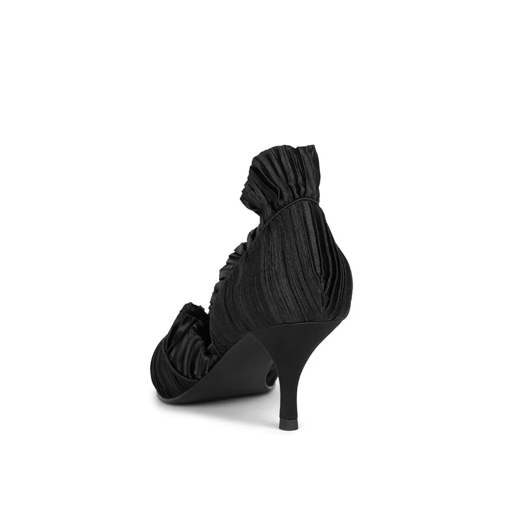 Black Satin Pointed Toe Kitten Heel Ruched Ruffle Elegant Pumps