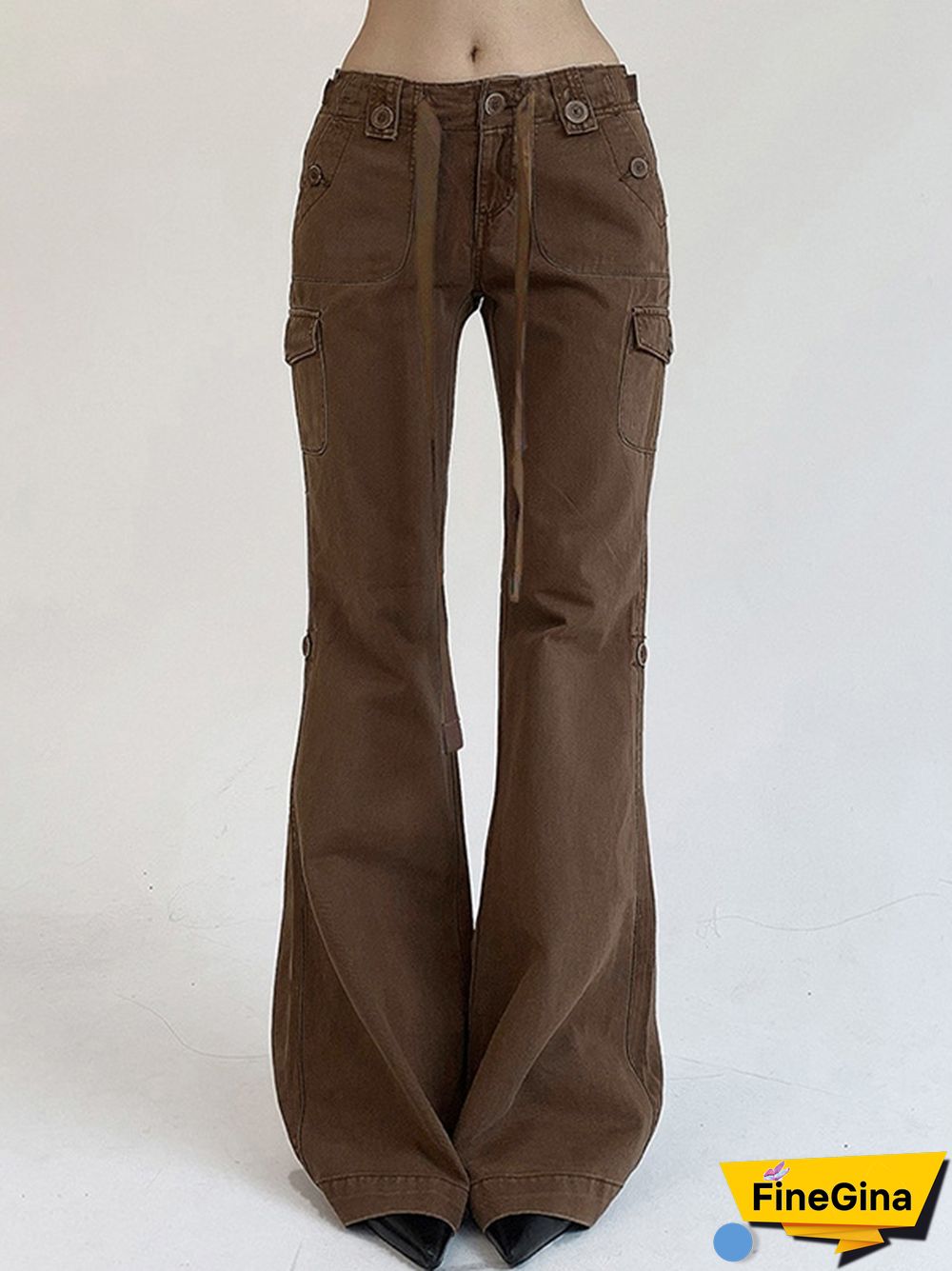 FineGina Vintage Brown Button Lace Up Flare Jeans