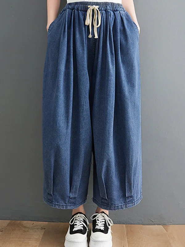 Casual Loose Drawstring Wide Legs Jean Pants