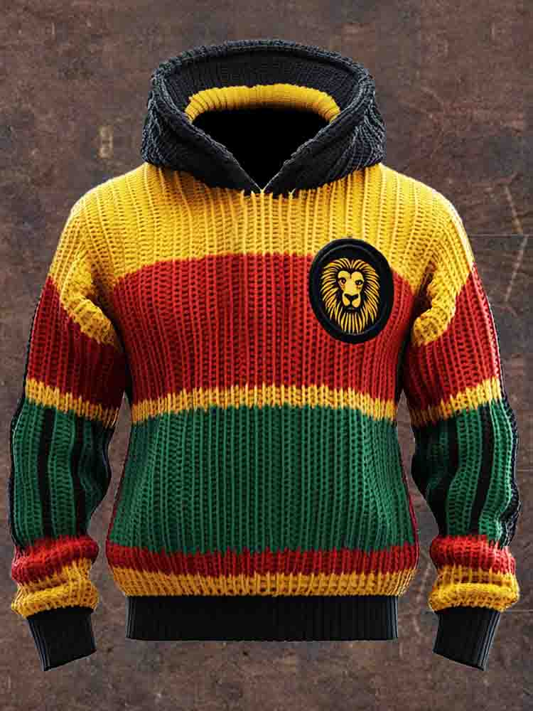 Comstylish Vintage Reggae lion Cable Knit Zipper Hooded Sweater