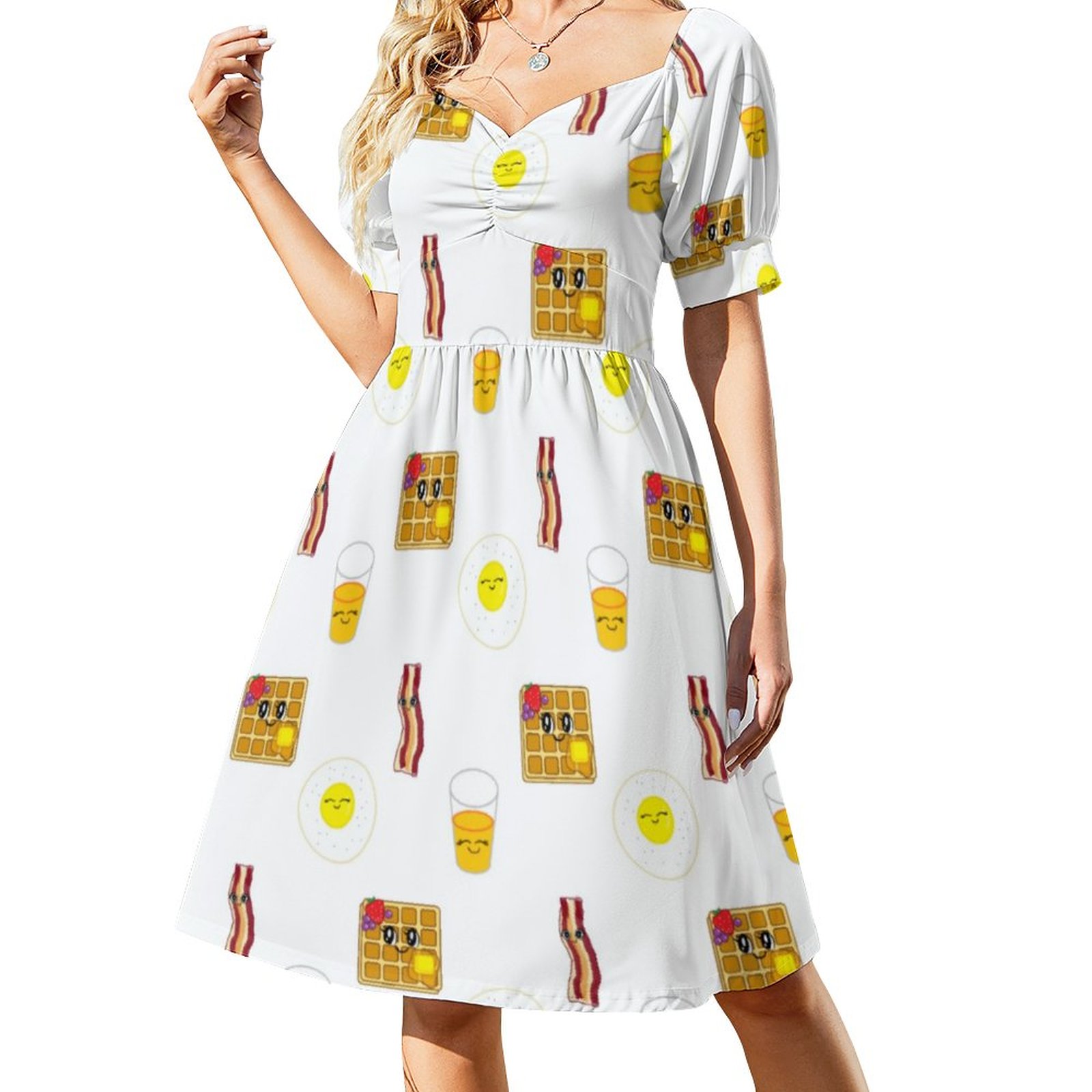 SFNEEWHO Breakfast Food Fried Eggs Waffles Bacon Dress Women Boho High ...
