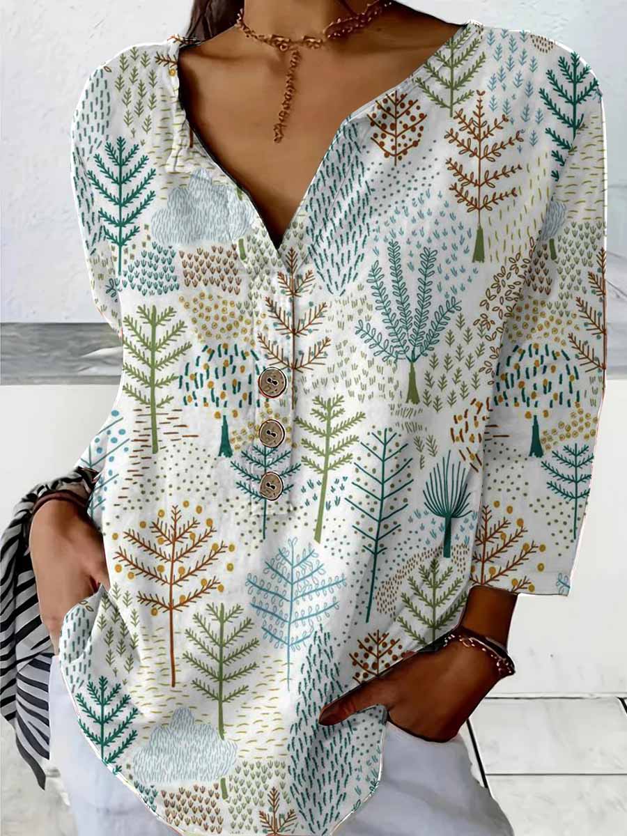 Women's Tree Art Pattern Cotton And Linen Shirt