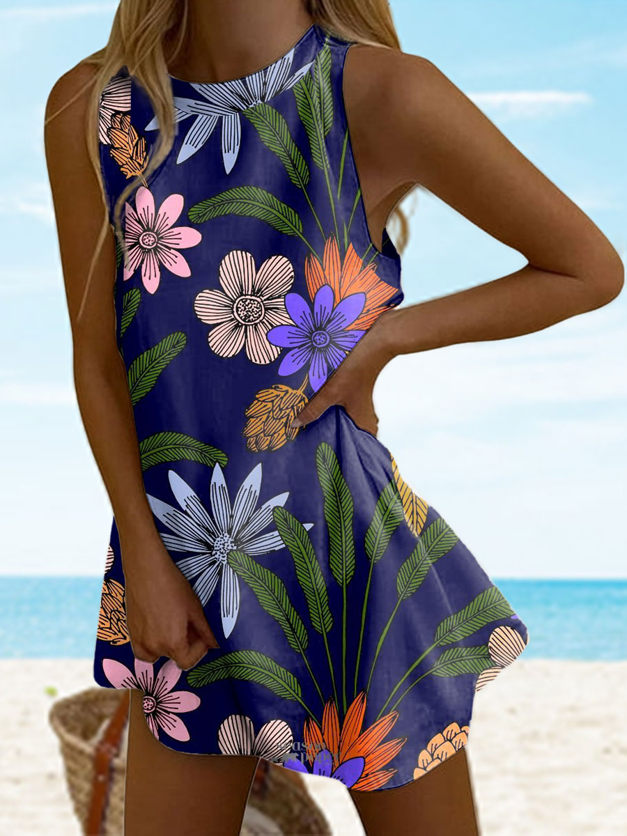 Women's Hawaiian Floral Art Print Beach Vacation Dress