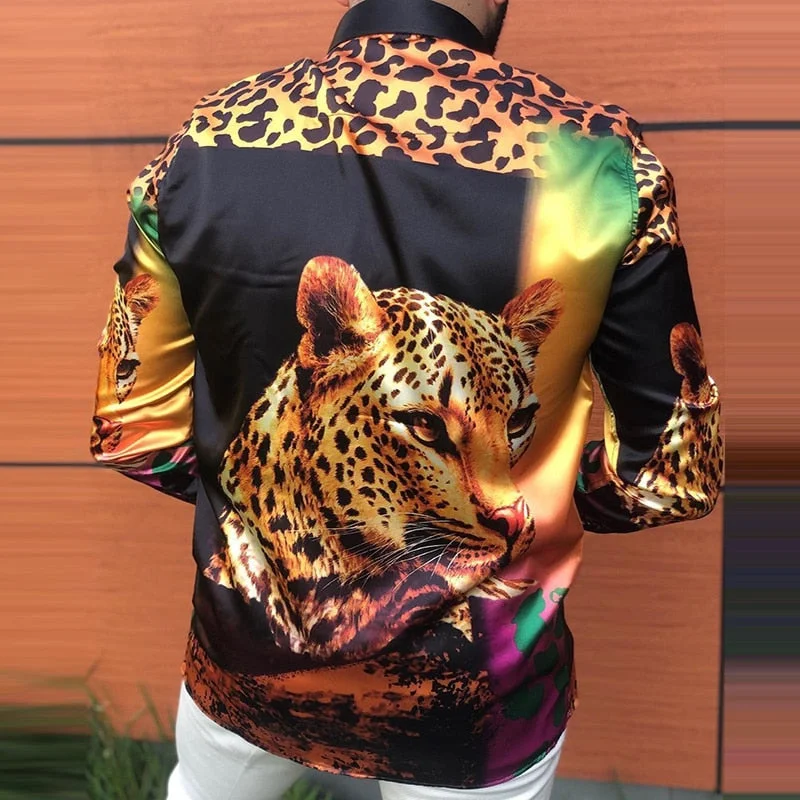 New Fashion Leopard Print Long Sleeve Shirts For Men Button Turn-down ...