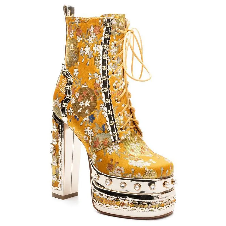 Fashion Light Blue Silk Lace Up Platform Chunky Heel Ankle Boots