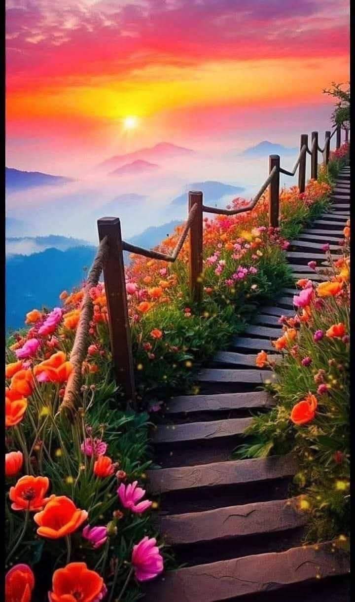 Flower Steps Landscape (canvas) full round or square drill diamond painting