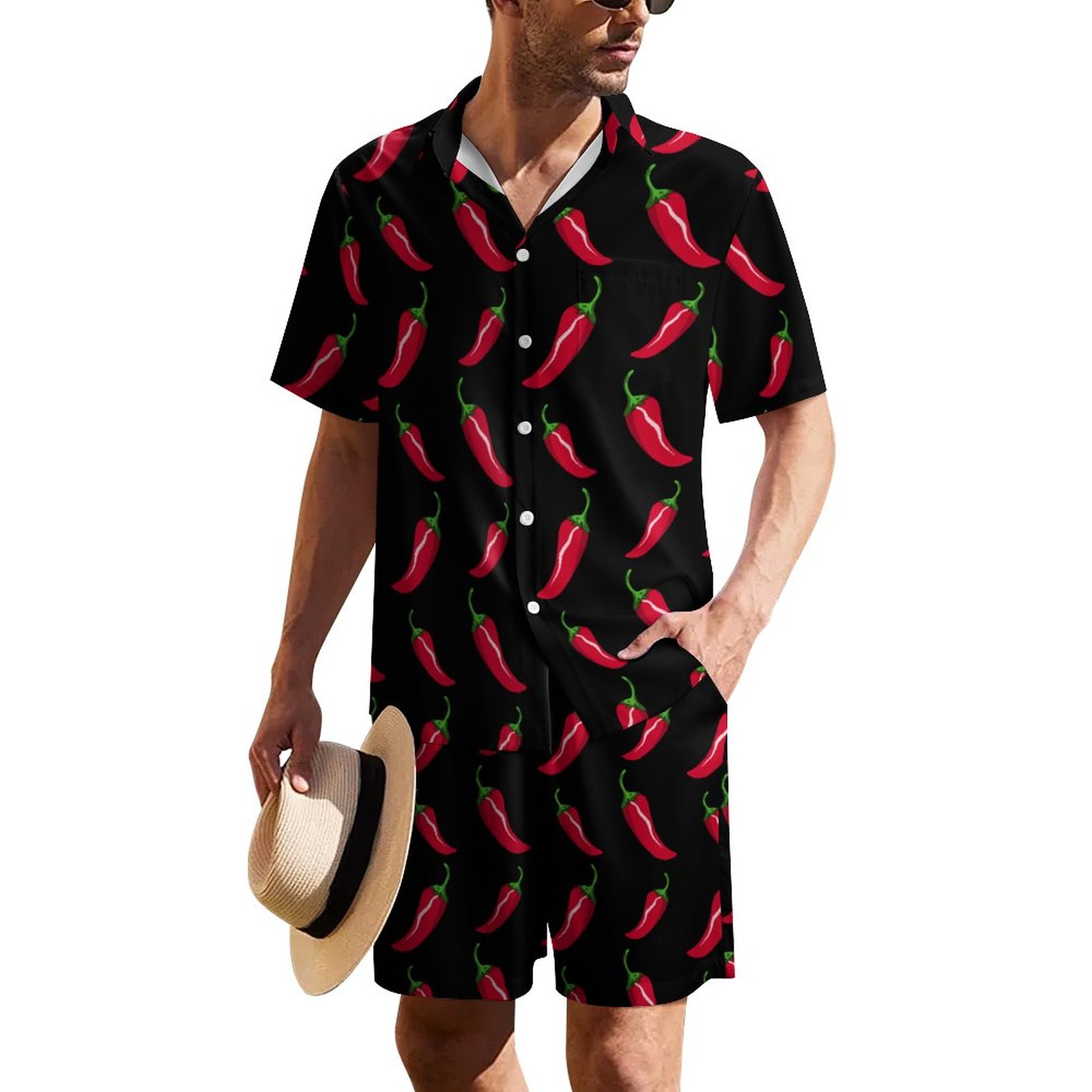 Black Red Chili Peppers | Men's Summer Hawaiian Matching Set