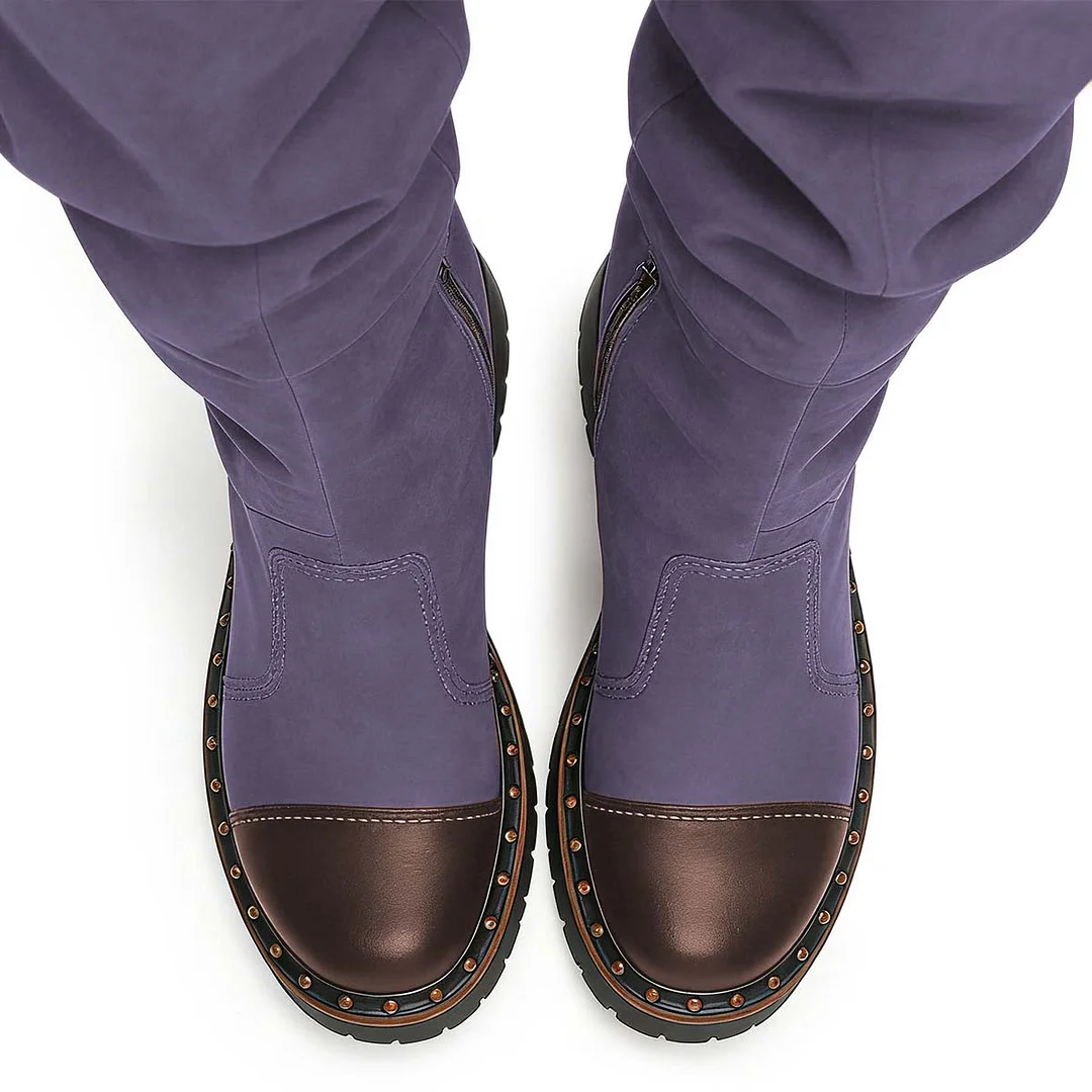 Purple & Brown Chunky Heel Studded Round Toe Knee High Boots with Zipper