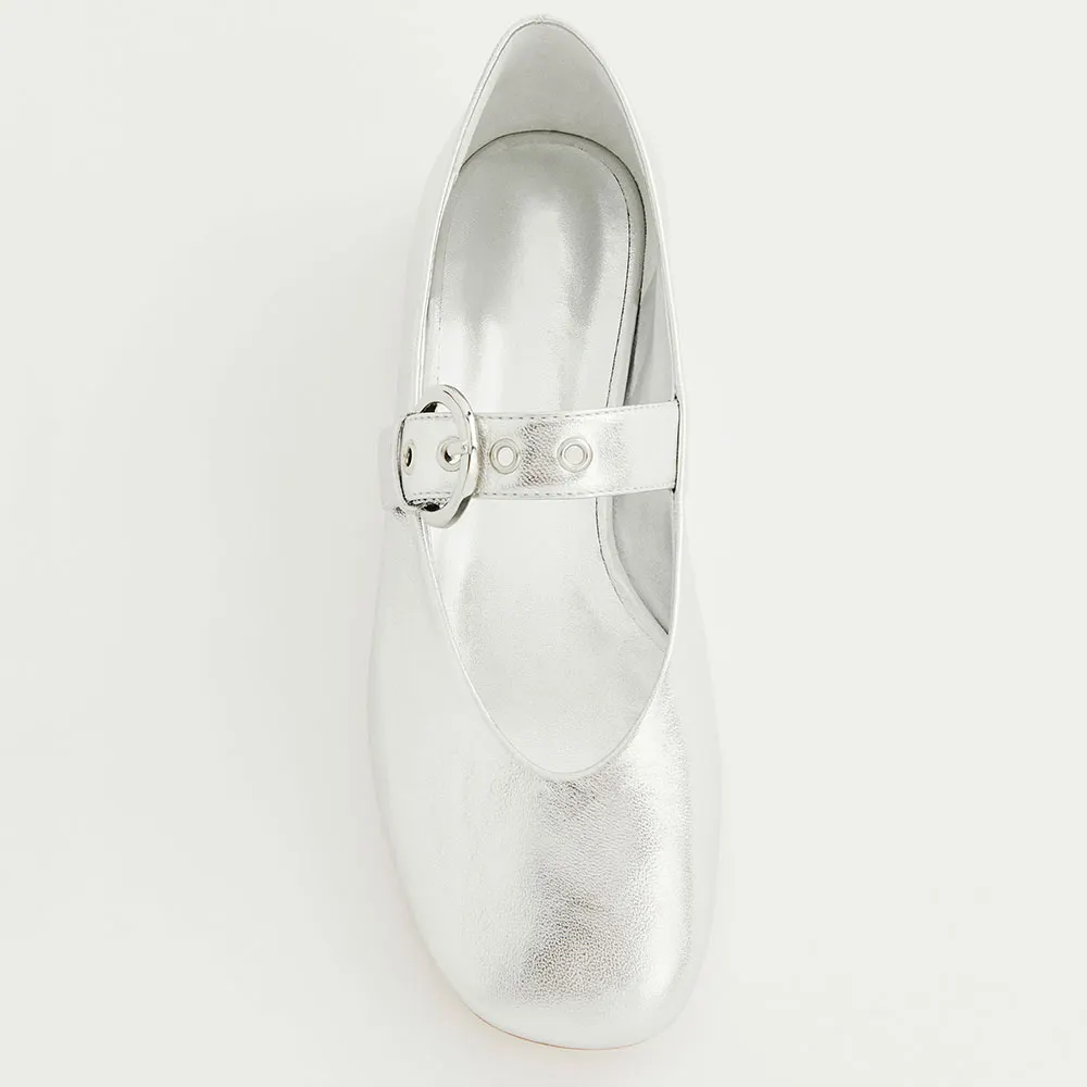 Silver Square Toe Ballet Flats Stylish Buckle Mary Jane Shoes