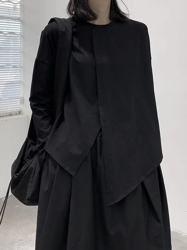 Long Sleeves Loose Asymmetric Solid Color Split-Front Split-Joint Round ...