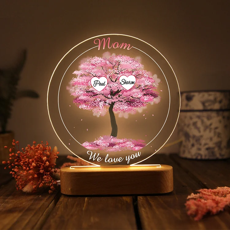 2 Names - Personalised Acrylic Night Light Custom 2 Texts Pink Family ...