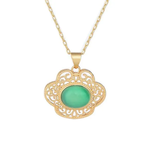 Natural Jade Ancient Gold Ruyi Peace Lock Pendant Necklace