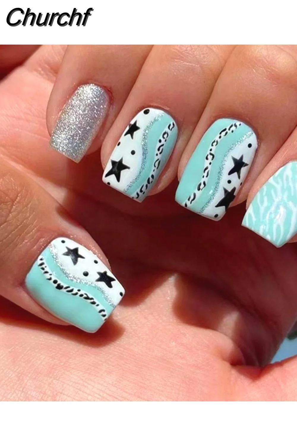 Churchf Square False Nails French Black Love Pattern Silver Black Line