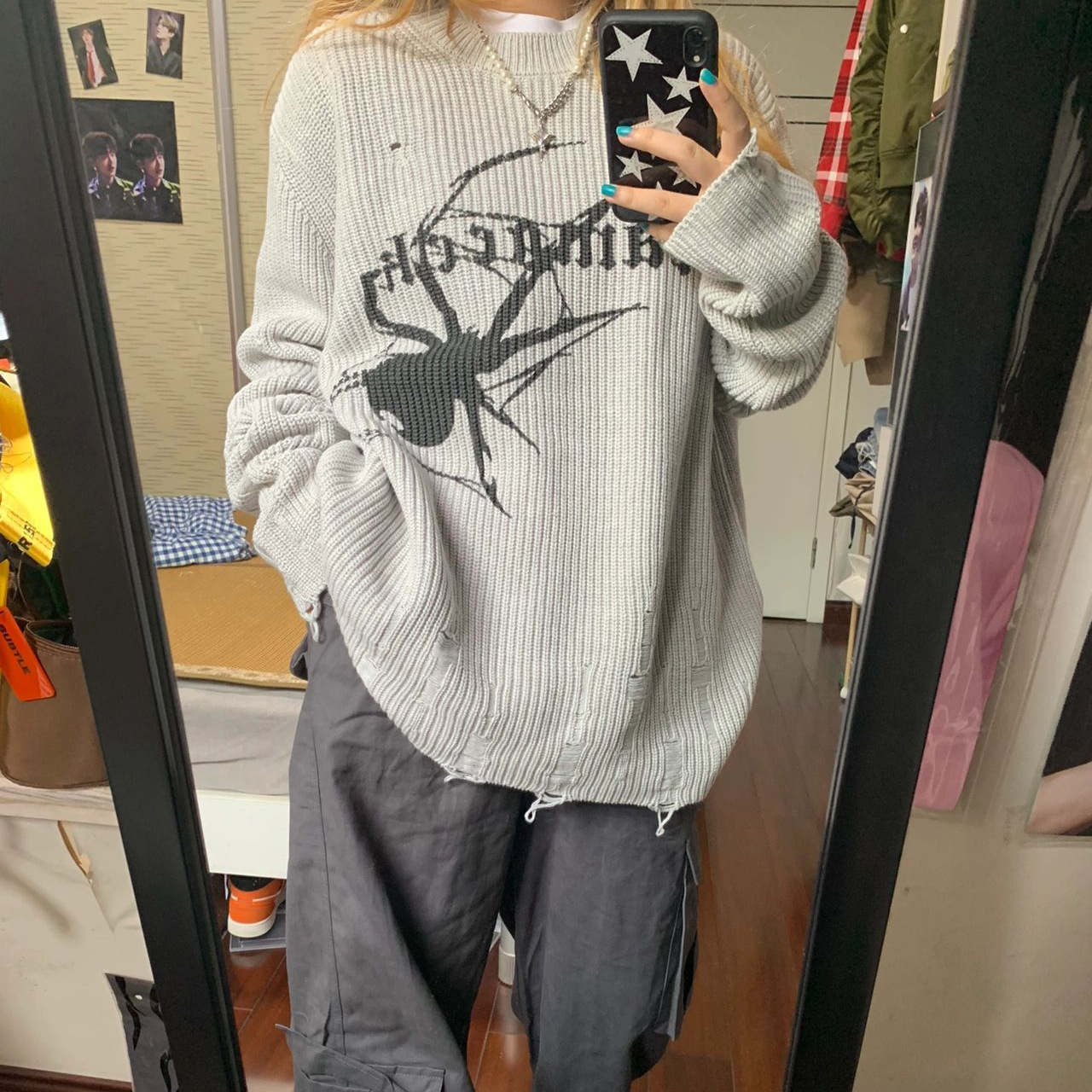 GRUNGE SPIDER RIPPED OVERSIZED SWEATER