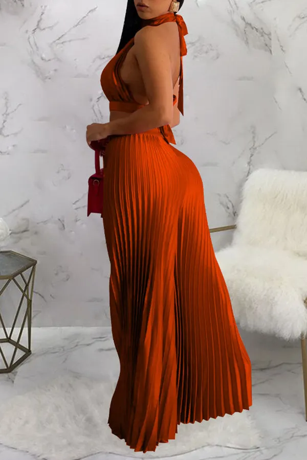Fashion Halter Neck Backless Faux Silk Pleated Wide-Leg Pants Two-Piece Set