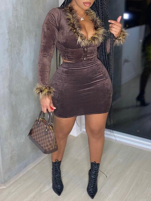 Faux-Fur Combo Top & Skirt Set