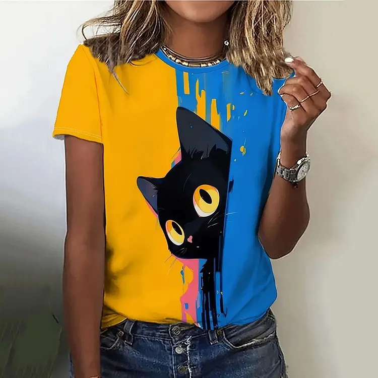 Women's Pop Art Shocking Cat Color T-shirt