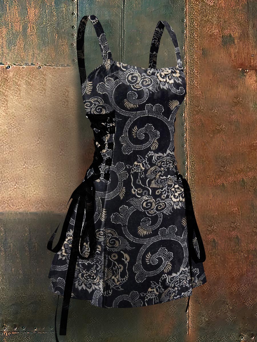 Punk Style Loong Art Print Strappy Sleeveless Mini Dress