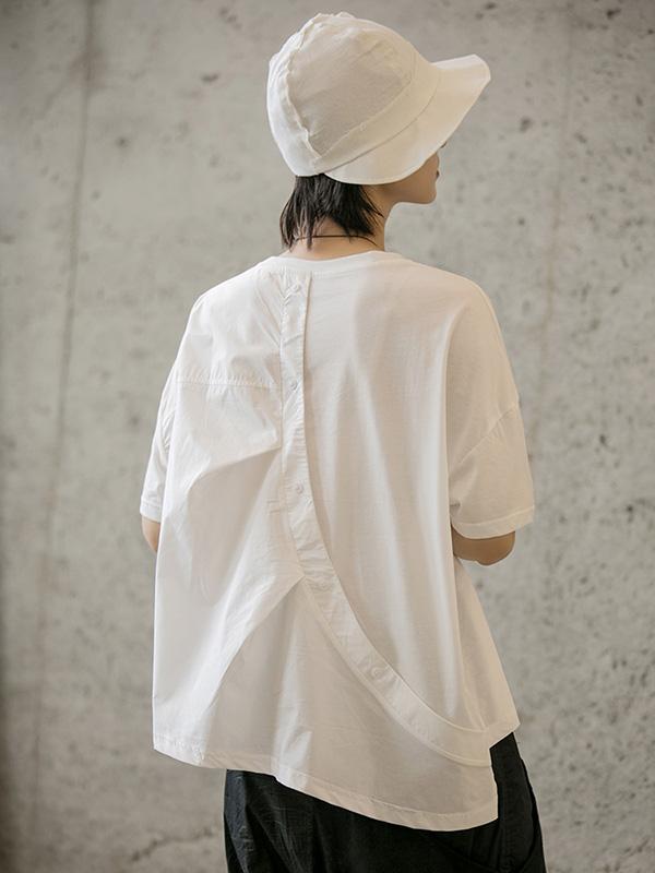 Simple Loose Solid Pocket Back-Button T-Shirt