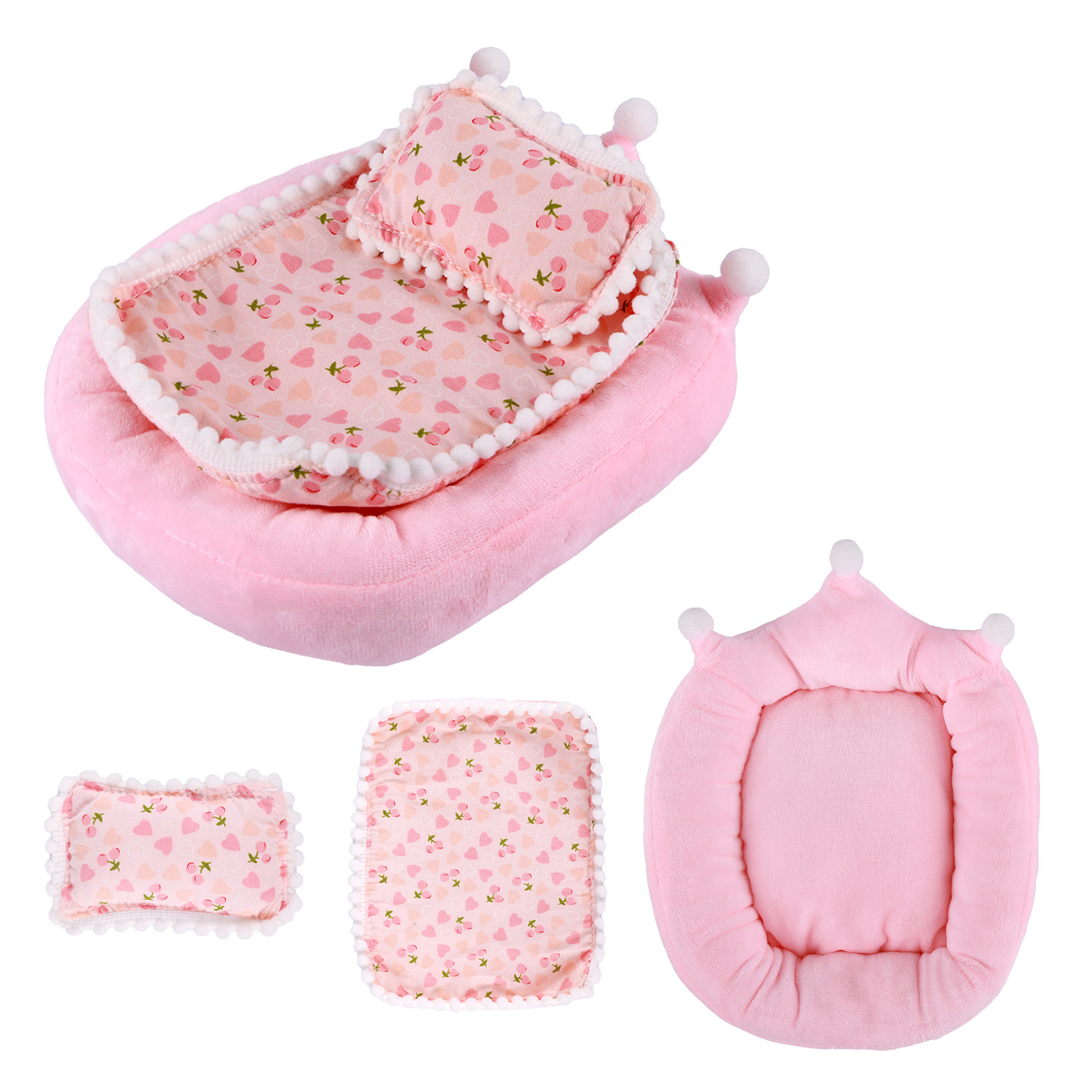4.5" Pink Cherry Bed Reborn Baby Doll Bed Accessory Set