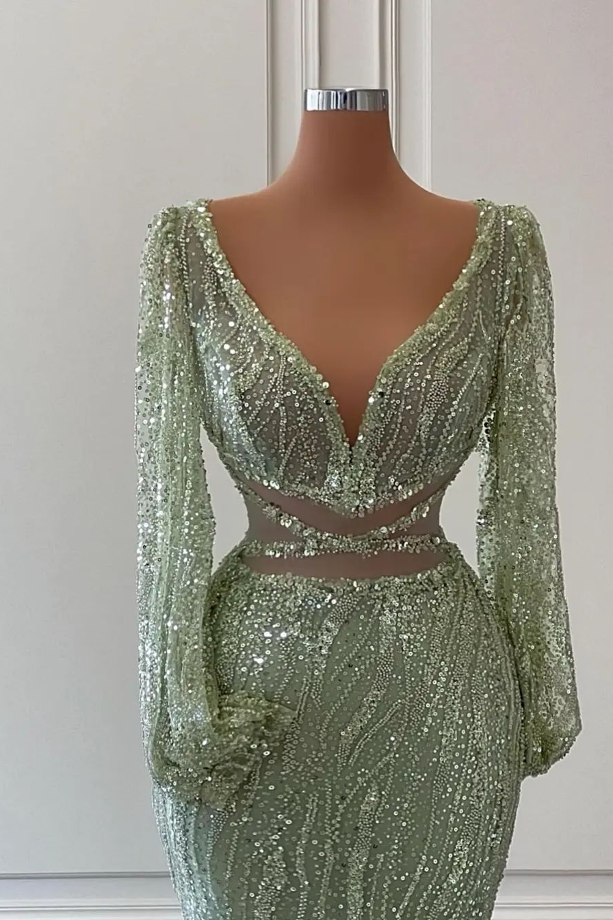 Daisda Light Green Long Sleeves V-Neck Mermaid Evening Dress With ...