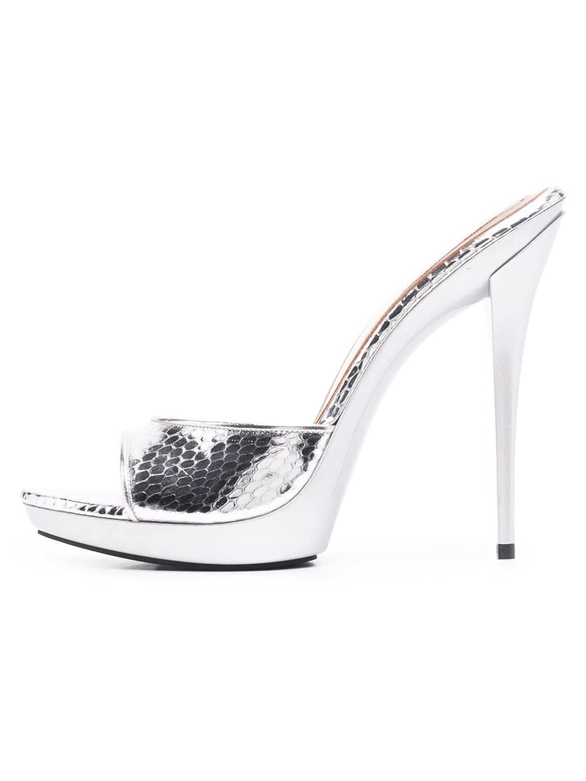 Silver Vegan Leather Python Opened Toe Platform Mules With Stiletto Heels