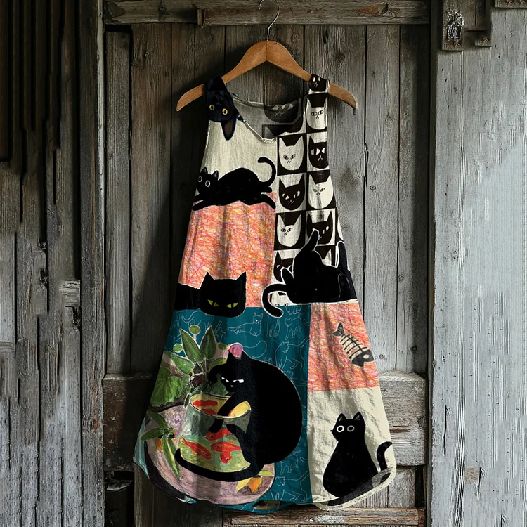 Vintage Cute Cats Patchwork Art Linen Blend Tank Dress