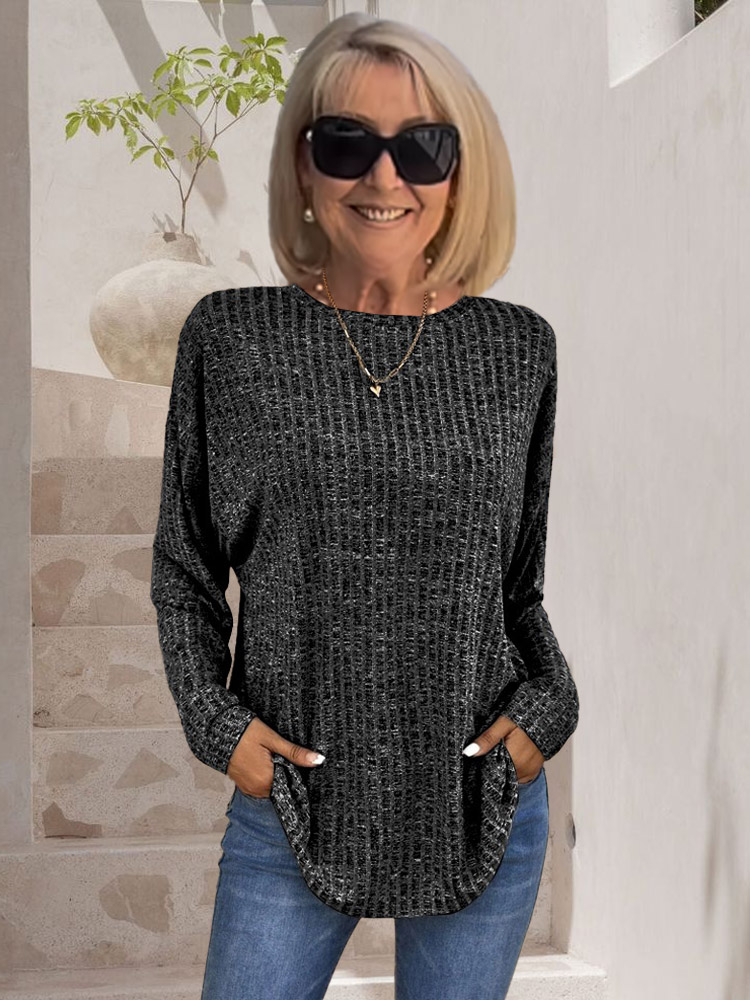 Knitted Cedar Crew Neck Pit Strip Top Long Sleeve Loose T-Shirt