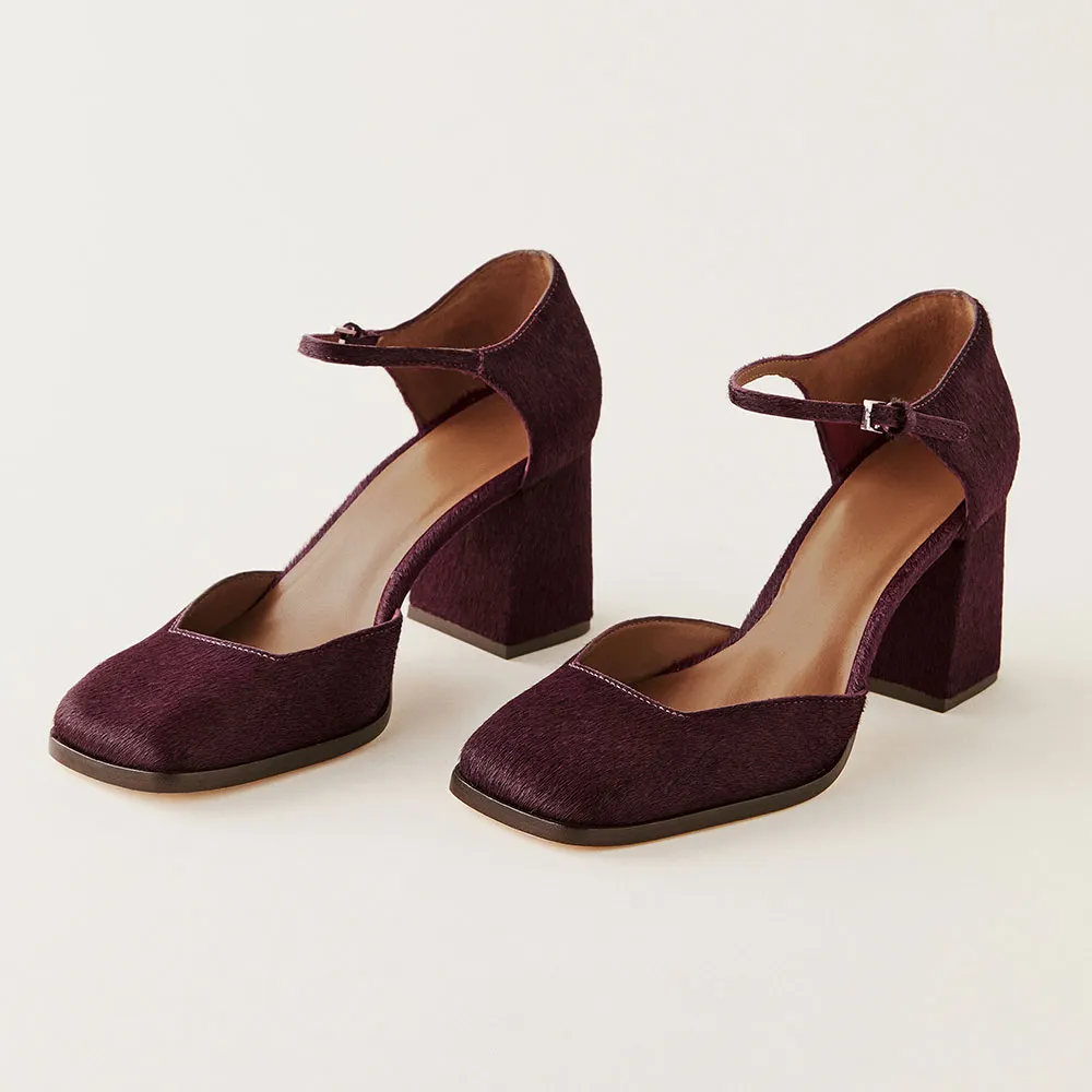 Maroon Faux Fur Block Heel Buckle Strappy Closed Toe Pumps for Women