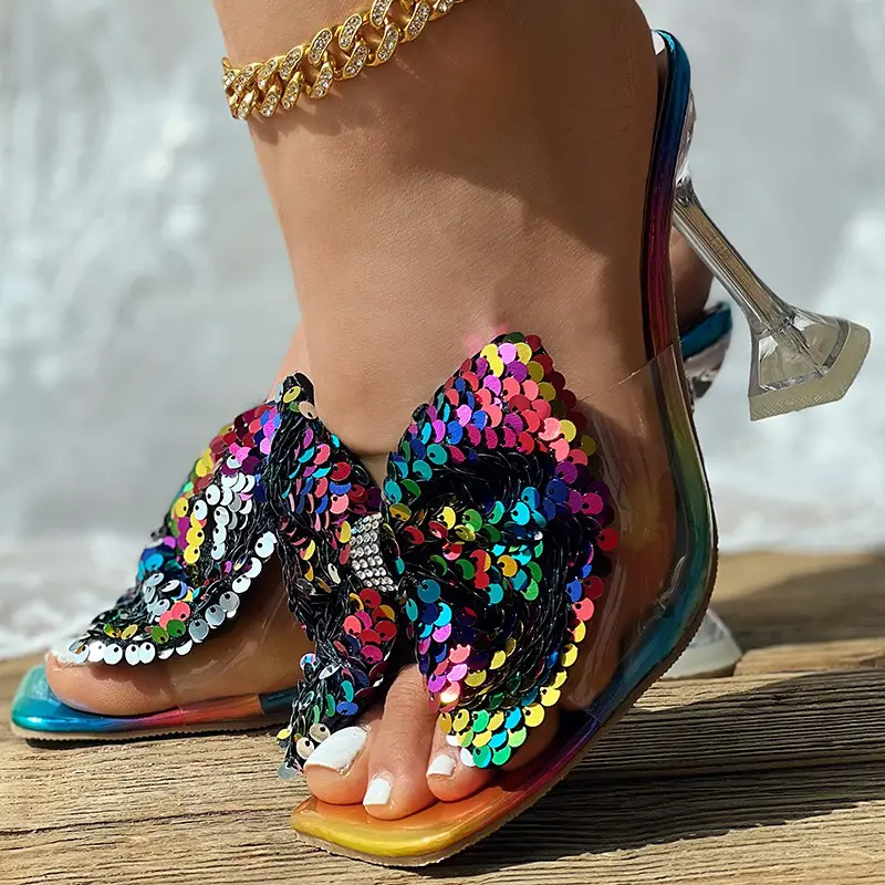 Natasha Multicolor Sequin Bow Square Toe Mules Flared Heels Sandals In ...