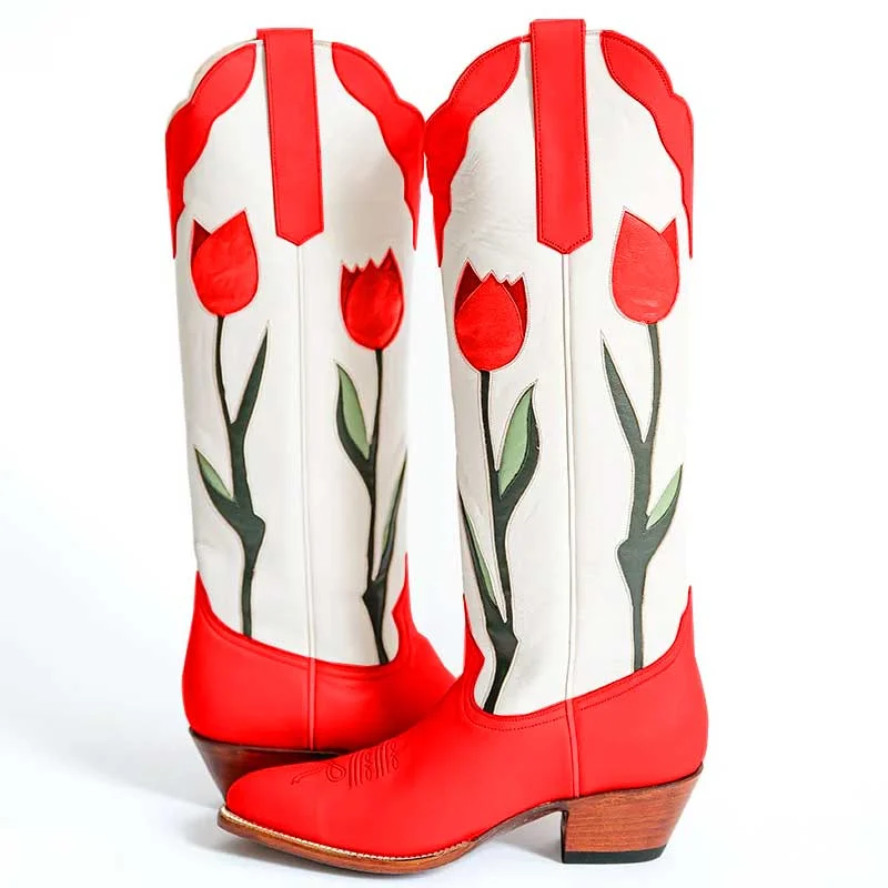 FSJ Red Chunky Heel Tulips Detail Knee High Cowboy Boots for Women