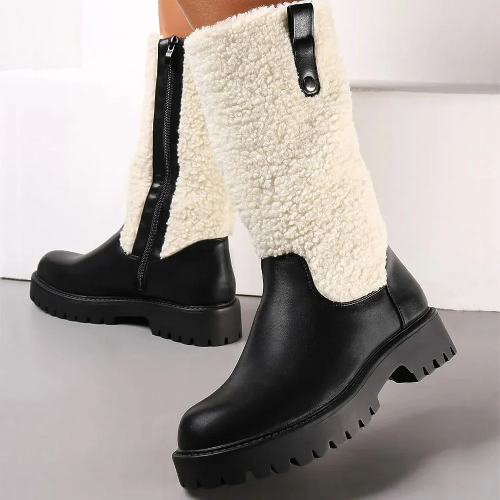 Black & White Round Toe Platform Block Heel Mid Calf Boots for Women