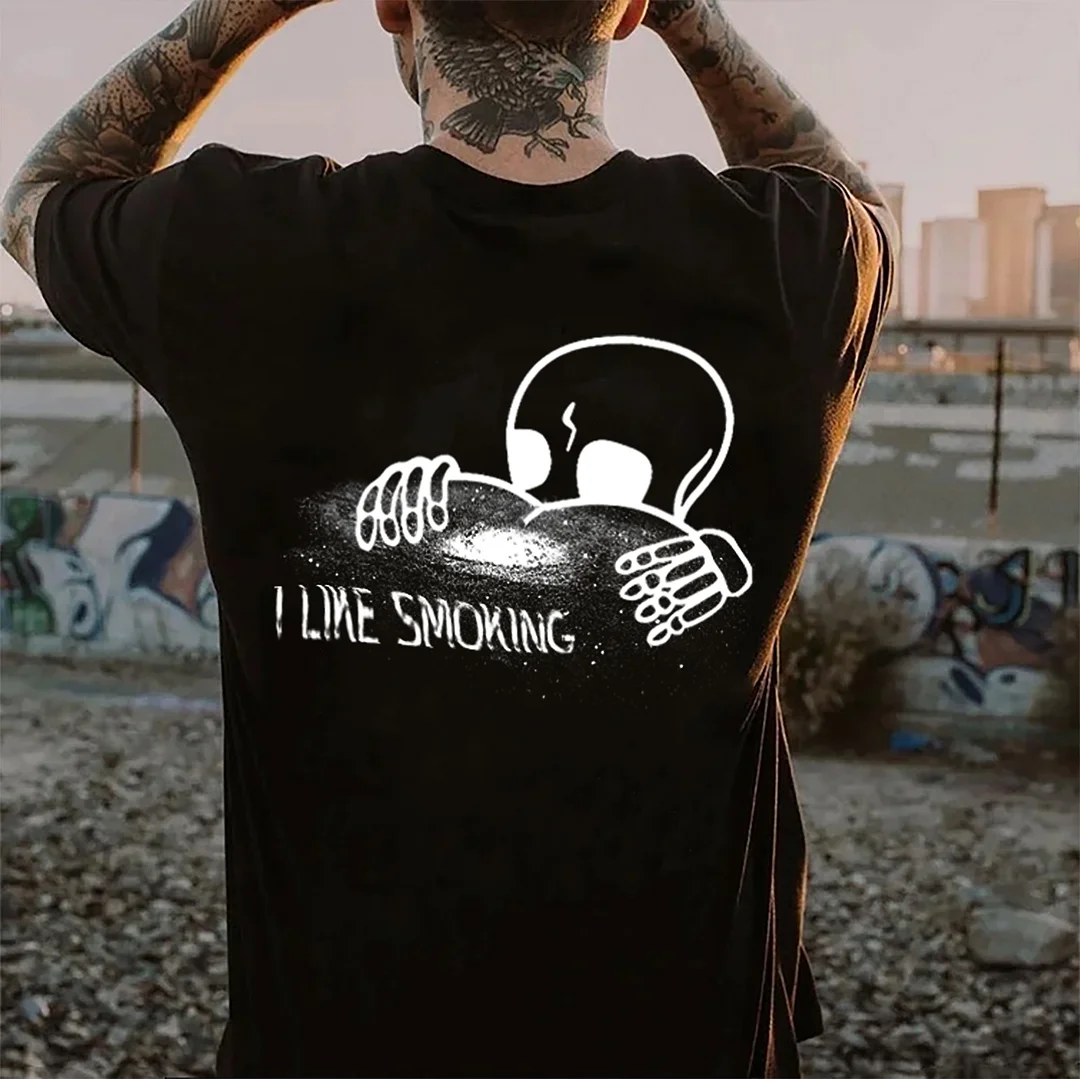 I LIKE SMOKING Alien Black Print T-Shirt