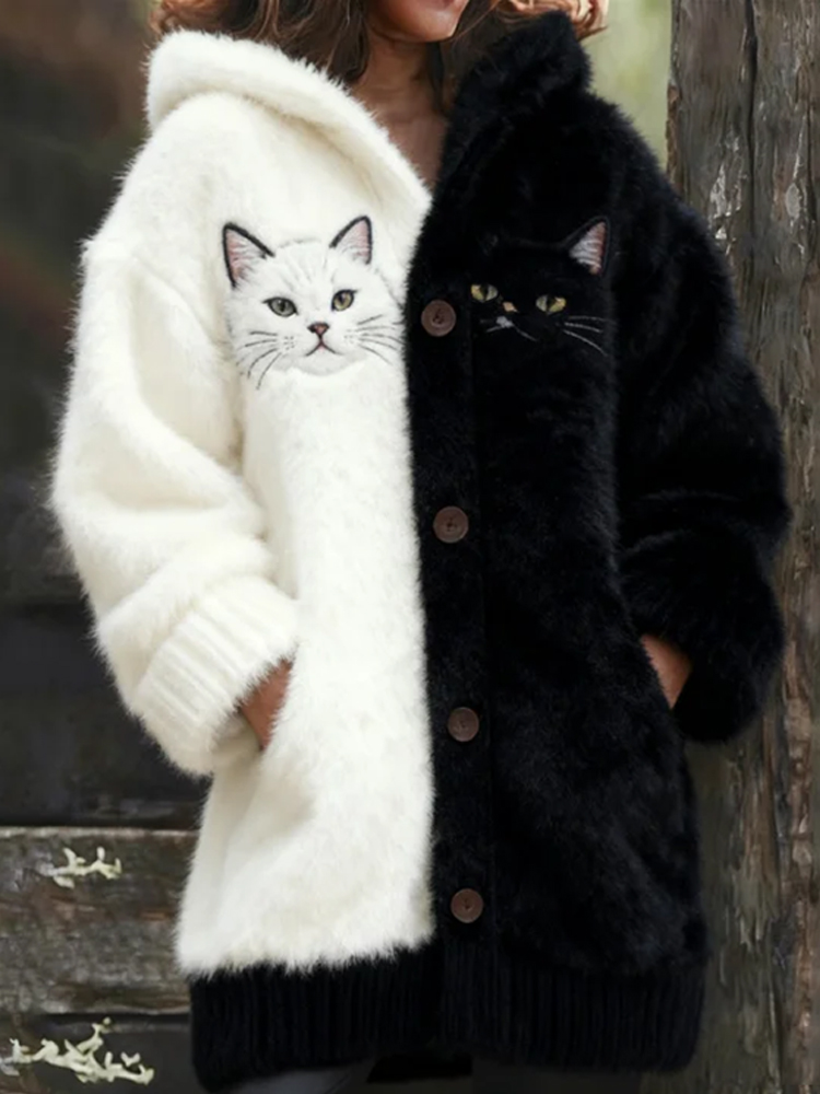 lareven Black And White Magic Kitten Hooded Cardigan Sweater