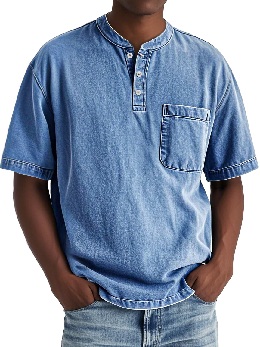 Men's Vintage Distressed Stand Collar Pocket Casual Short Sleeve Henley ...