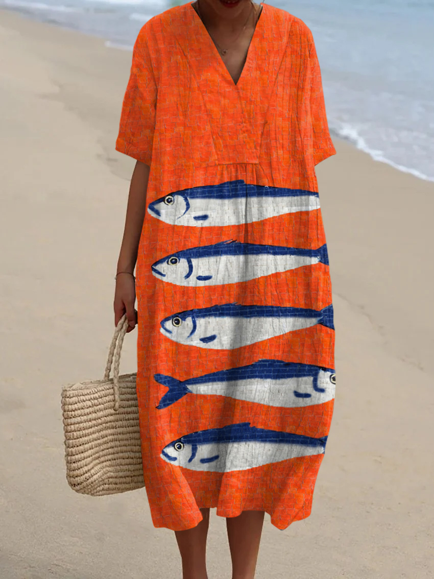 Women's Vintage Fish Art Print Flowy Dress