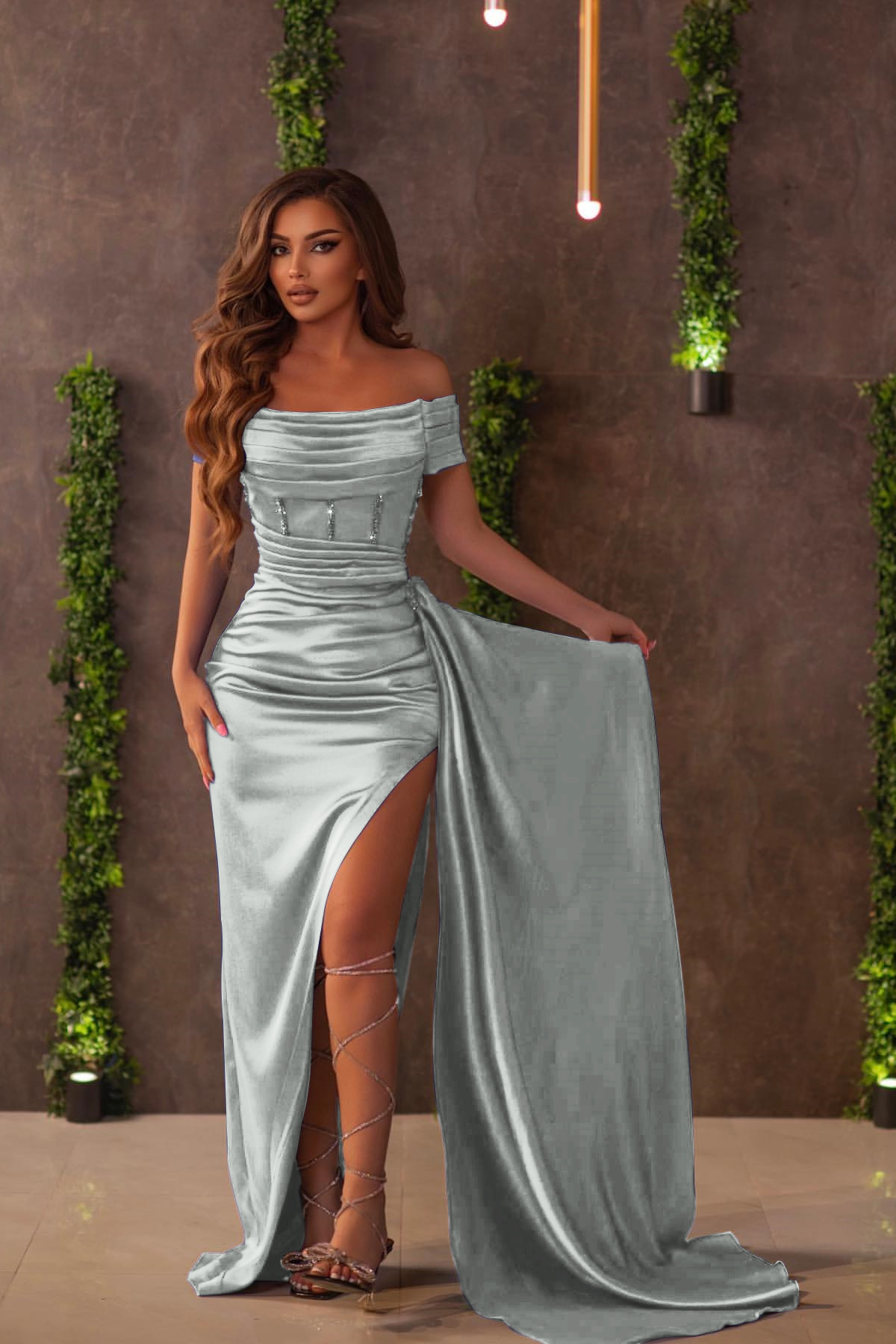 Daisda Royal Blue Off-the-Shoulder Slit Evening Dress With Ruffles